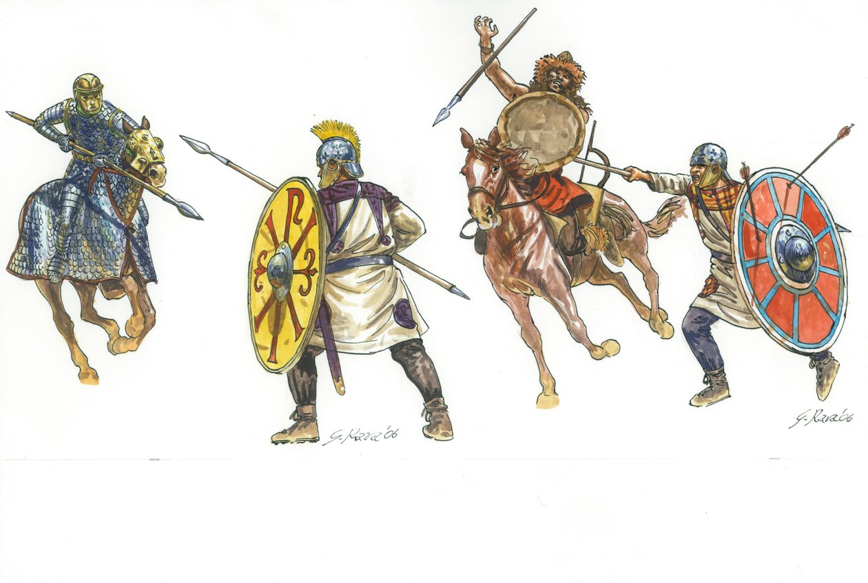 Cataphract Fighting a Roman Legionary and a Hun Warrior