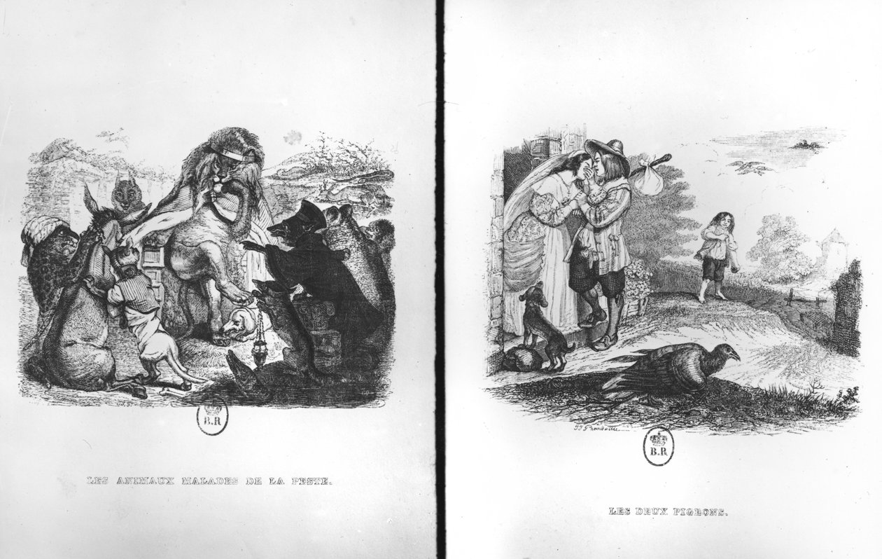 Animals with the Plague and The Two Pigeons, illustrations from the ...