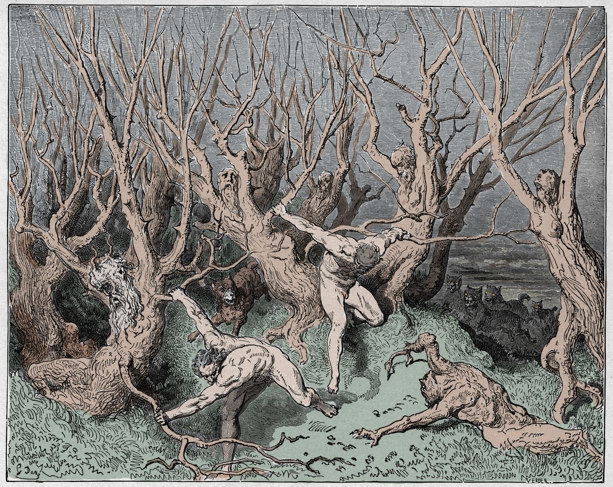 Inferno, Canto 13: The suicides flee the forest (illustration from The ...