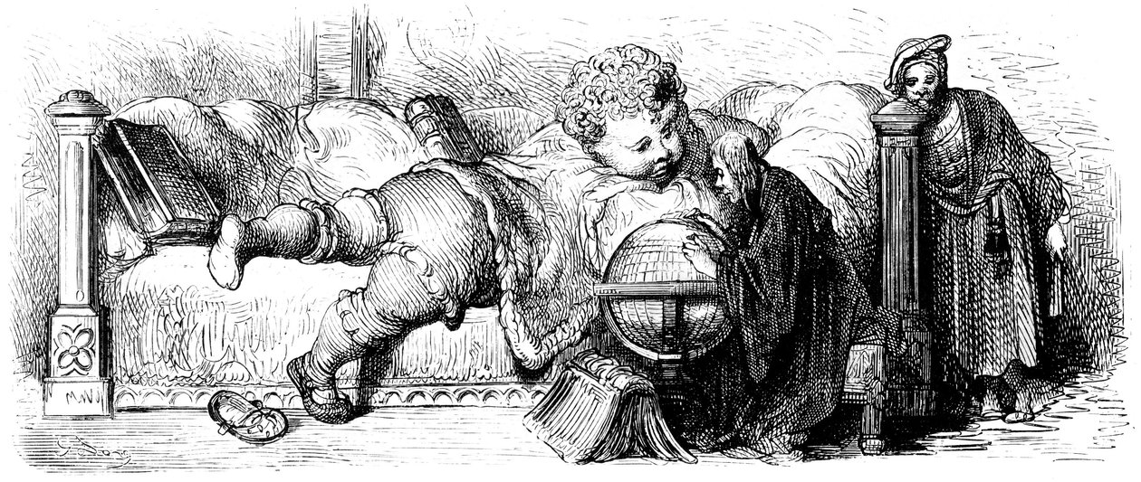 Gargantua's education: the giant, a child, lies on his bed, studying a ...
