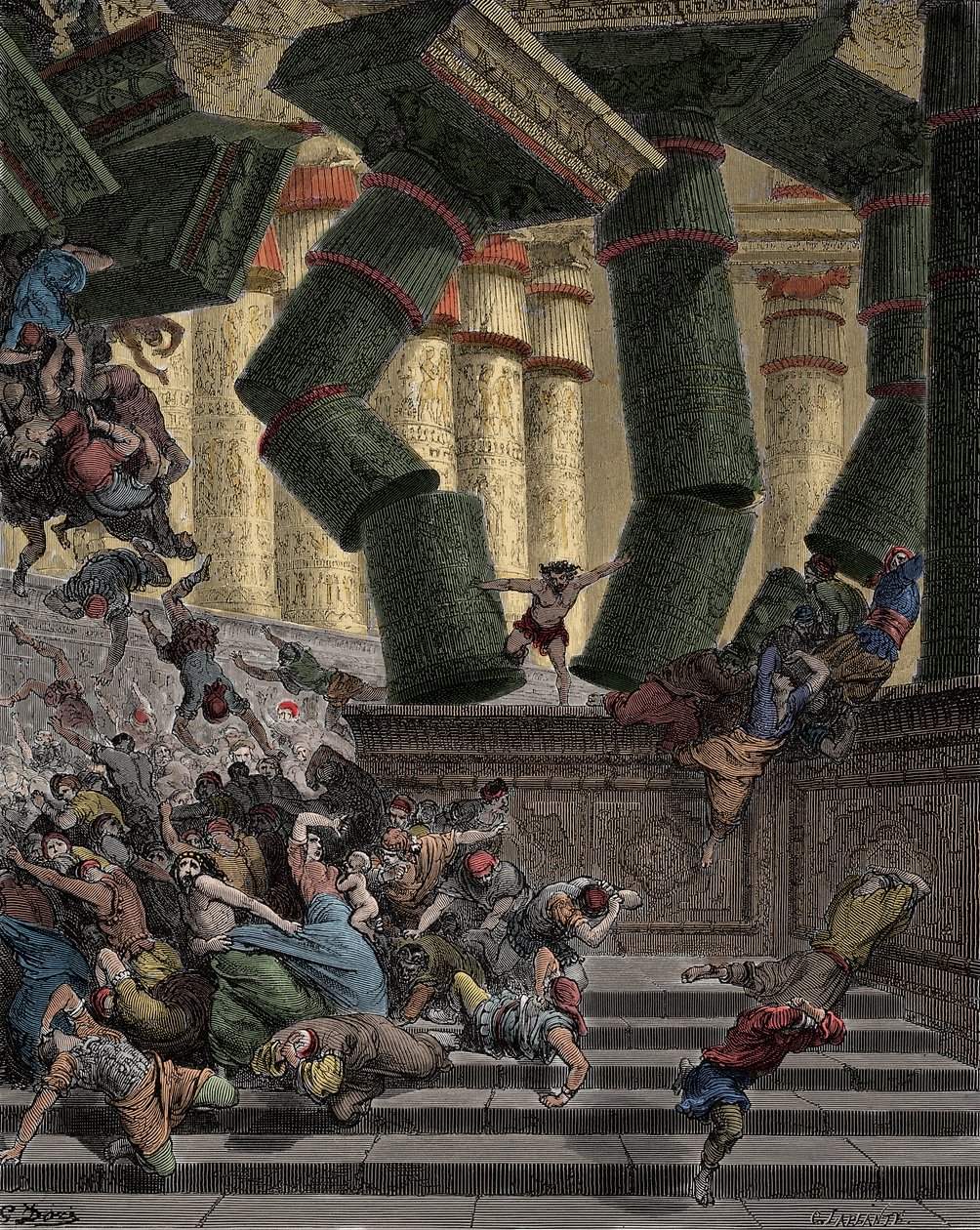 Samson Bringing Down the Temple of Dagon (Engraving by Gustave Dore)