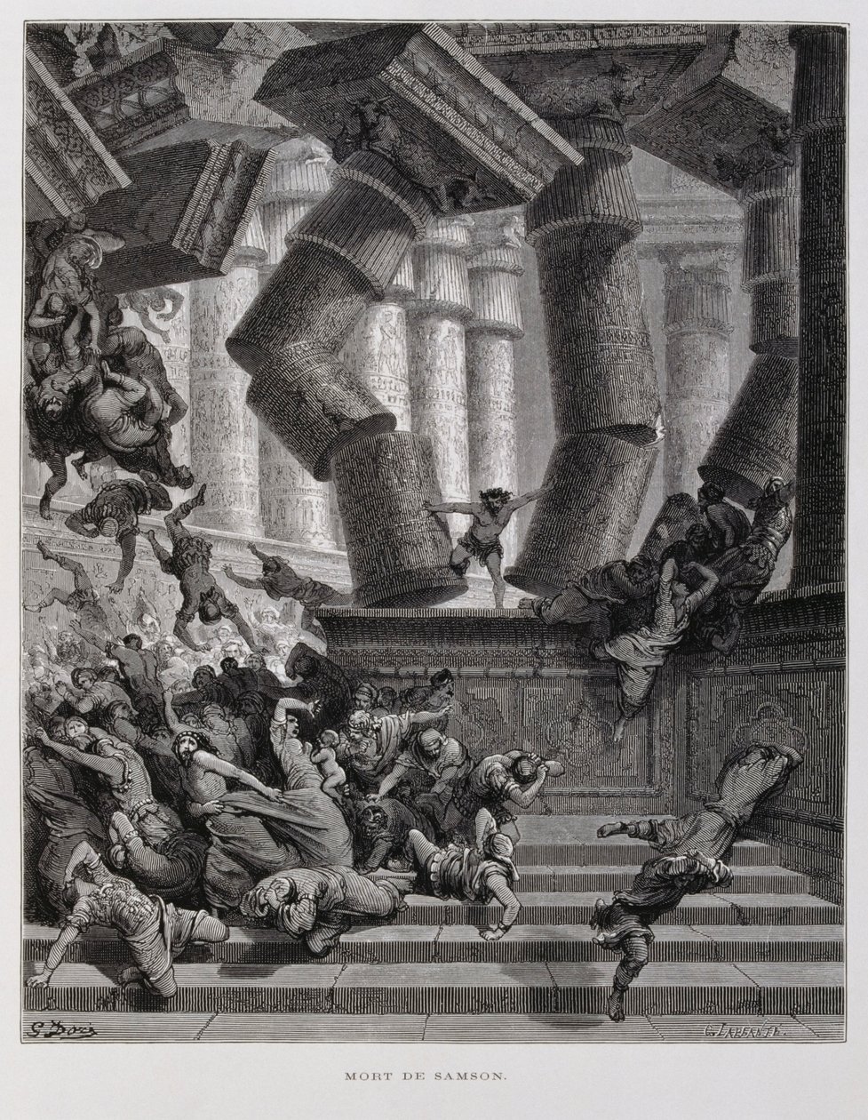 Samson destroys the temple of Baal, Illustration from the Dore Bible