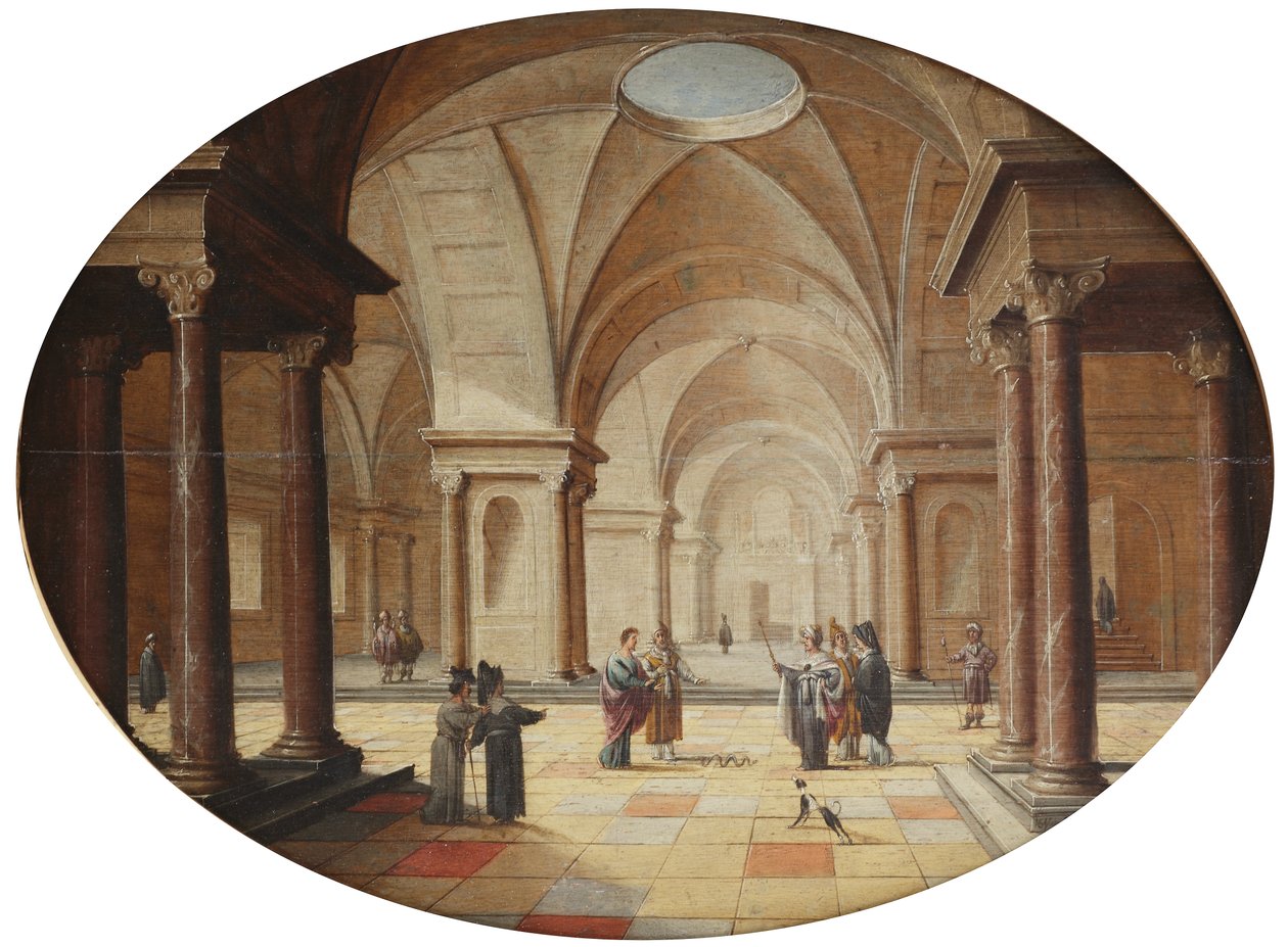 A classical palace interior with Moses transforming Pharaoh's sceptre ...