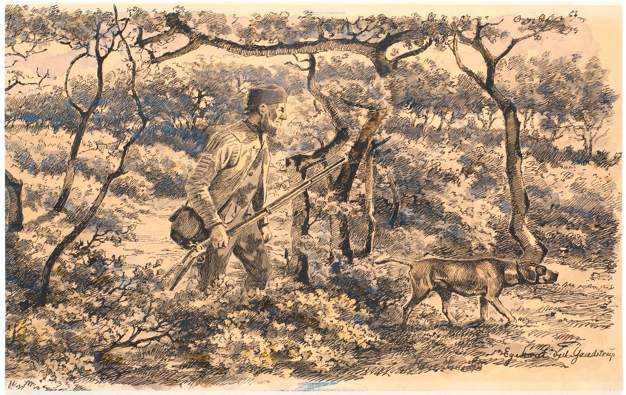 Poacher with Dog in Forest by Hans Smidth: Fine art print