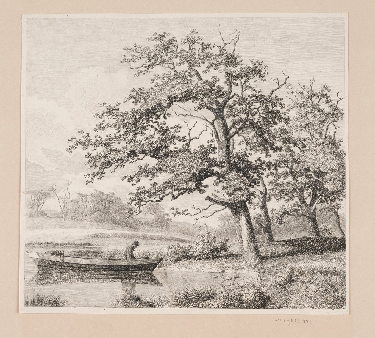 Landscape with Oak Trees by a Lake, where an Old Man is Seen in a Boat