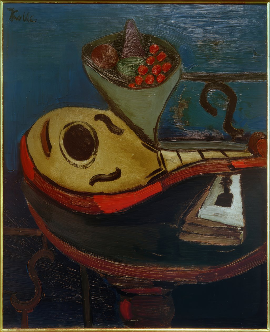 Still Life: Mandolin and Bowl with Fruits on a Table