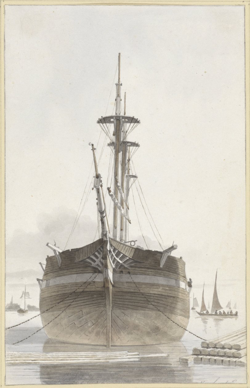 Sailing Ship Seen from the Front in a Timber Port