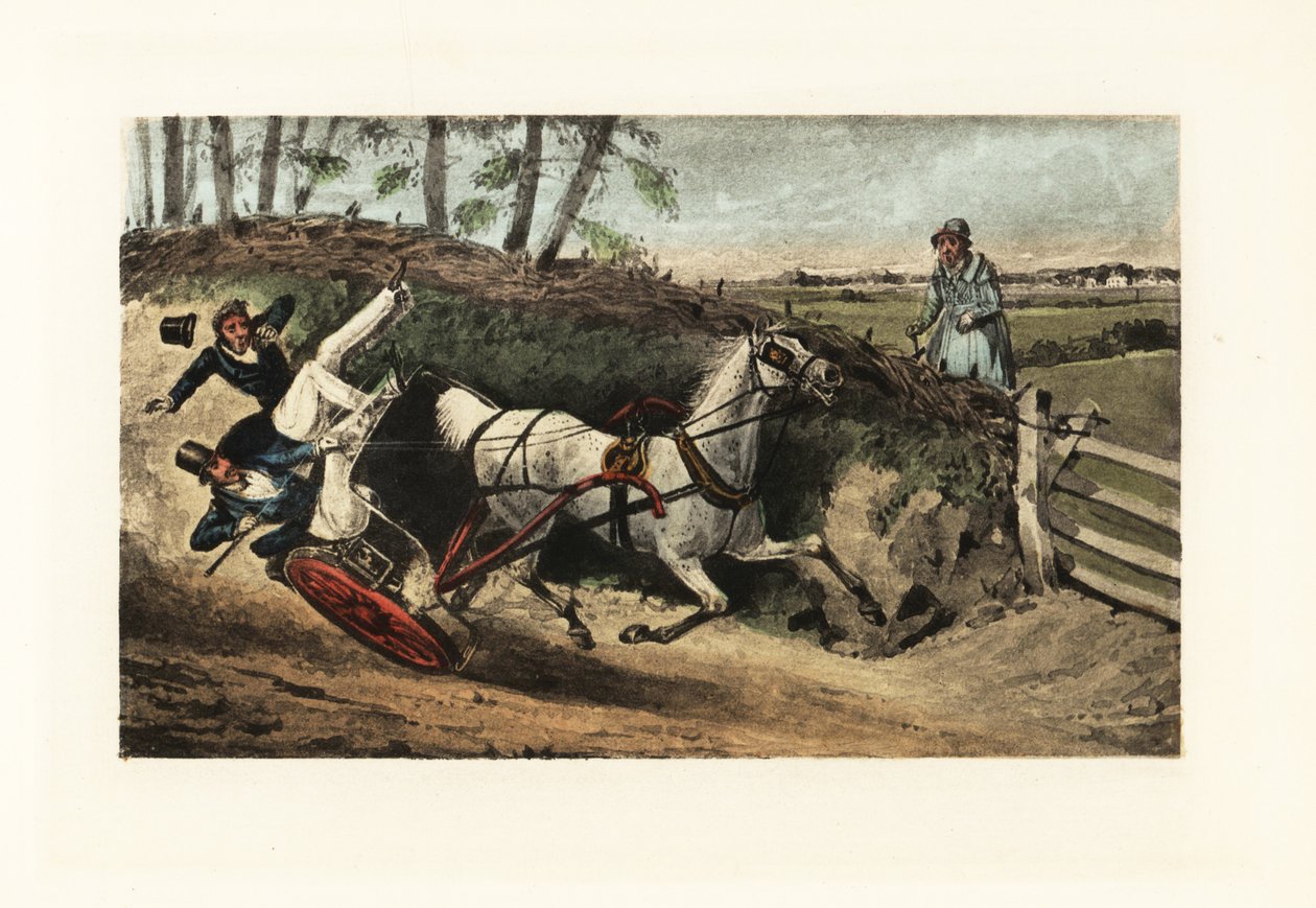 Victorian English gentlemen thrown from a one-horse gig