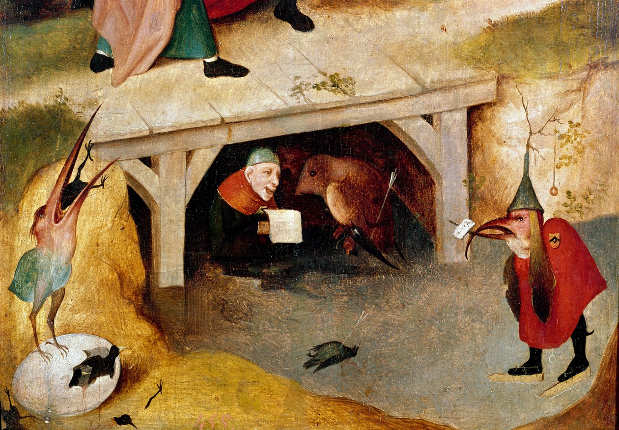 Triptych of temptations (detail). Left side: the flight and fall of ...