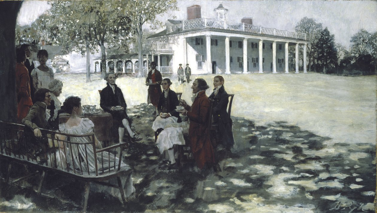 Martha and George Washington entertaining their friends on the lawn of ...