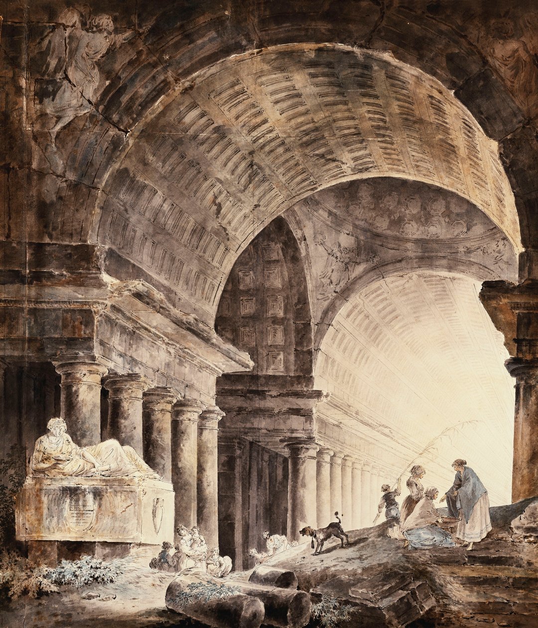 A Great Cross-Vaulted Building with Women and Children and a Dog by ...