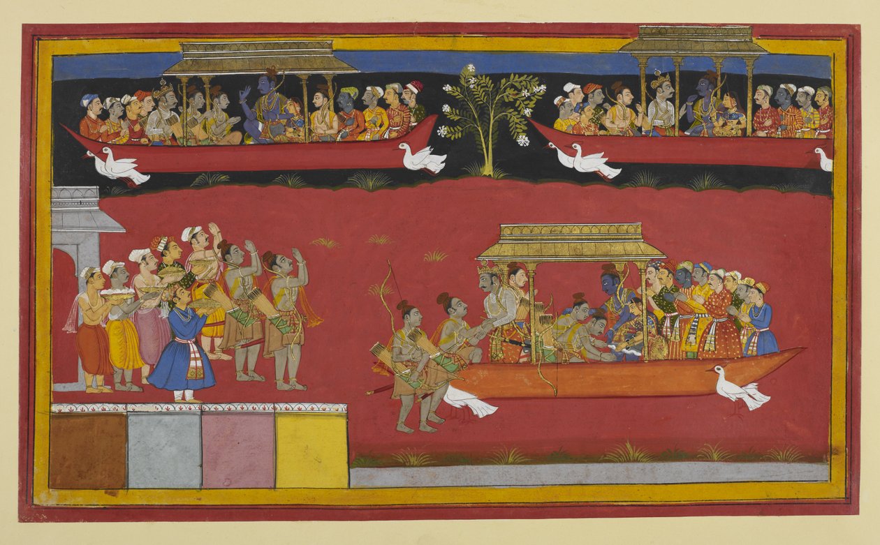 Bharata and Shatrughna greet Rama and Sita as the Pushpaka departs