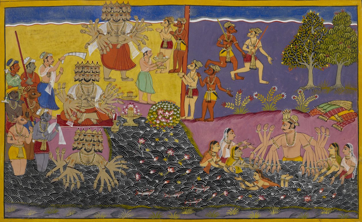 Ravana worships the linga at the Narmada as King Arjuna bathes nearby