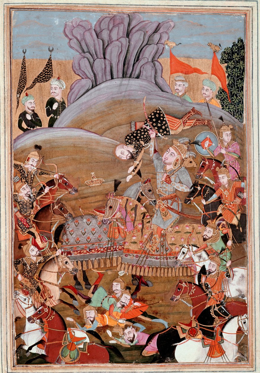 Rustam's first fight against Afrasiab. Persian miniature from a manuscript of the epic poem ...