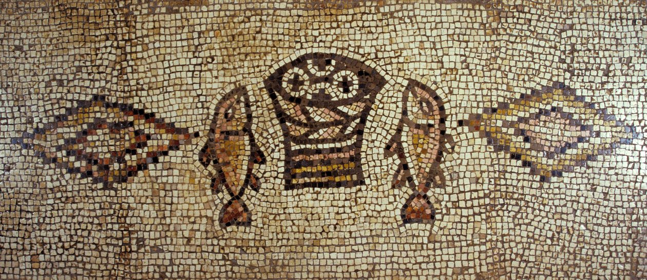 Byzantine mosaic depicting fish and loaves of bread