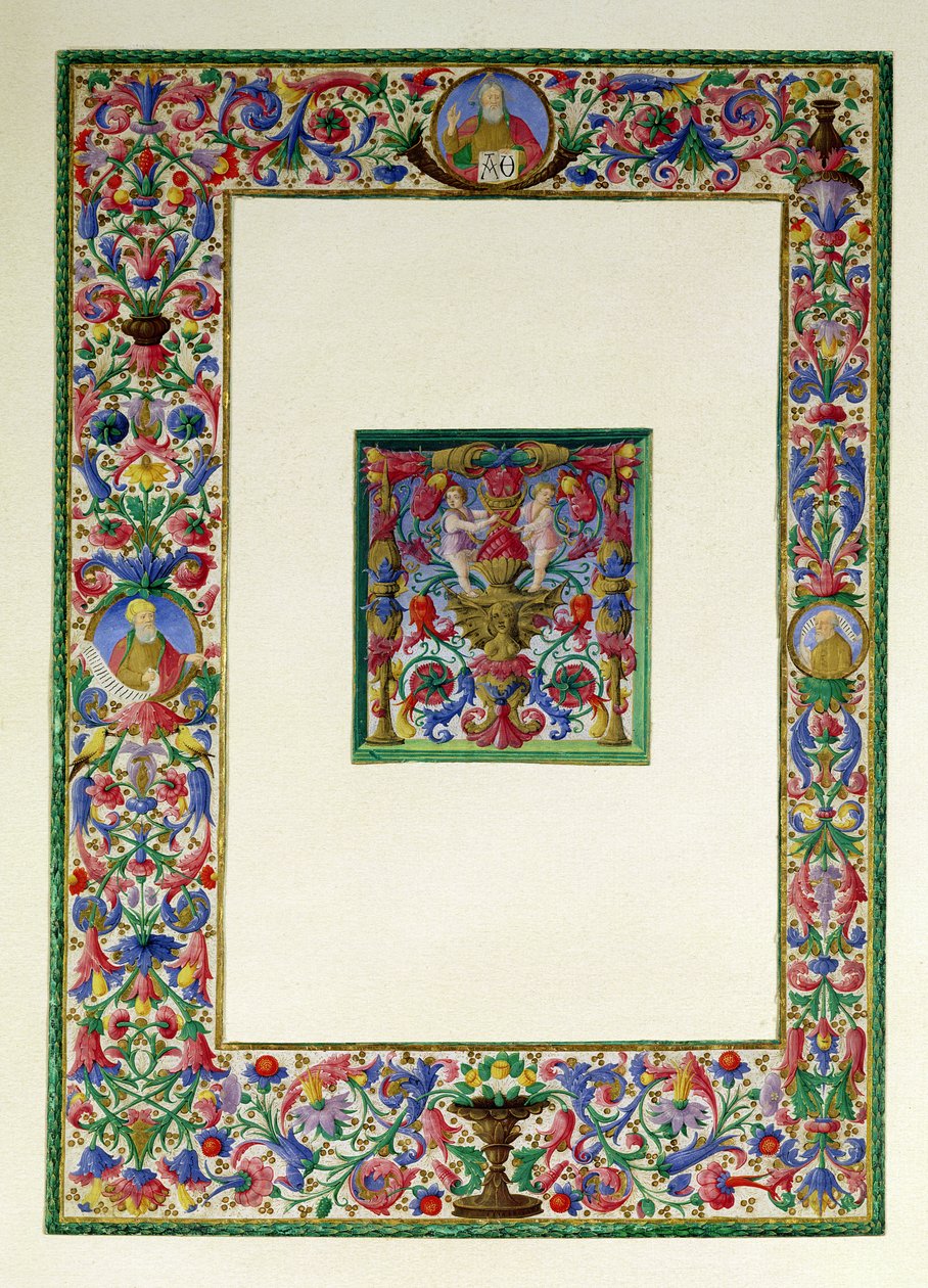 Decorative border with God the Father and two prophets and a ...