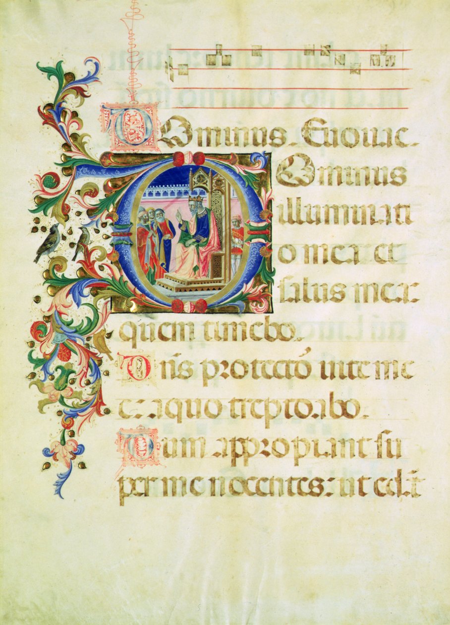Historiated initial 'D' depicting King David on a throne speaking to a ...
