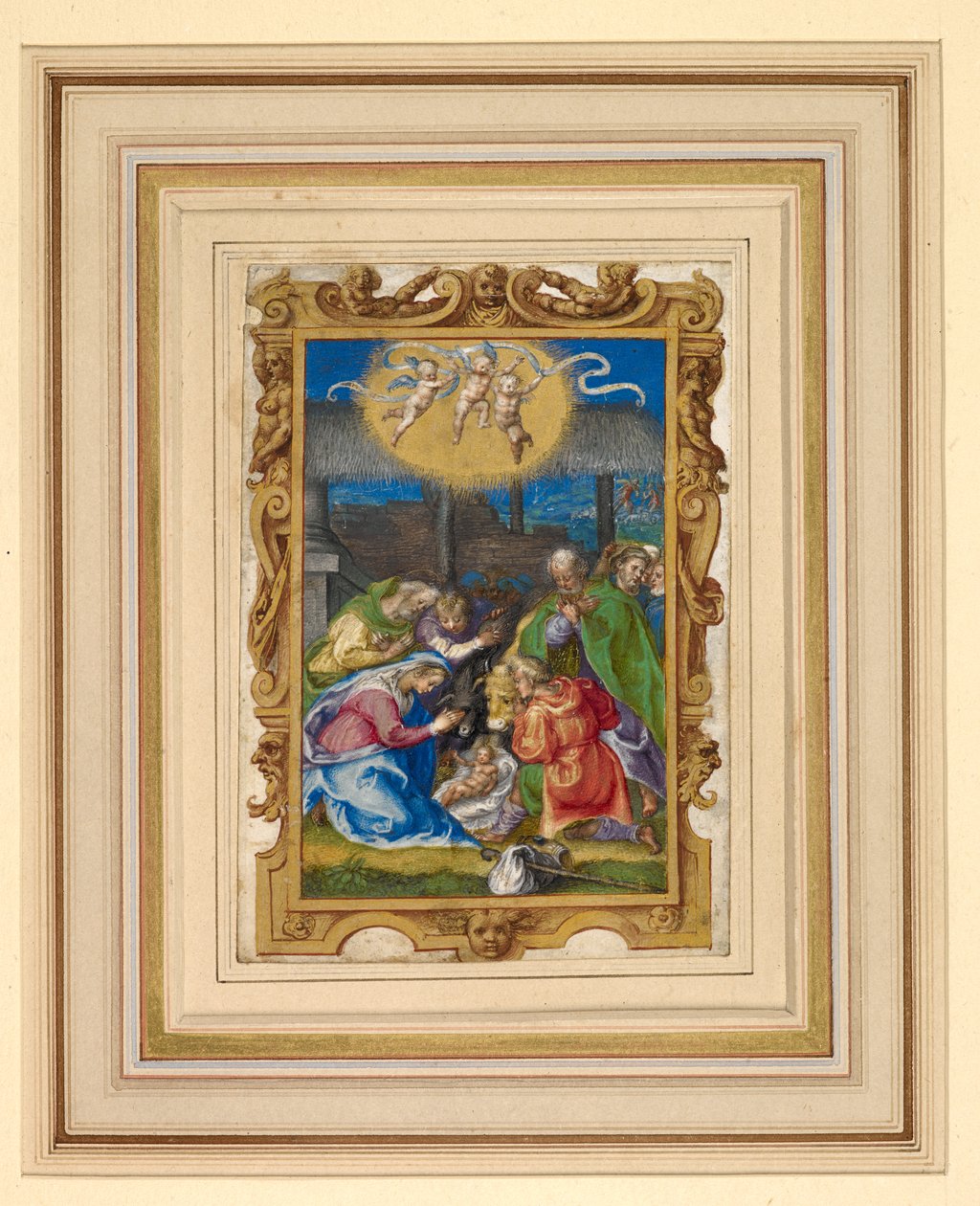 Miniature of the Nativity with the Holy Family and shepherds in a ...