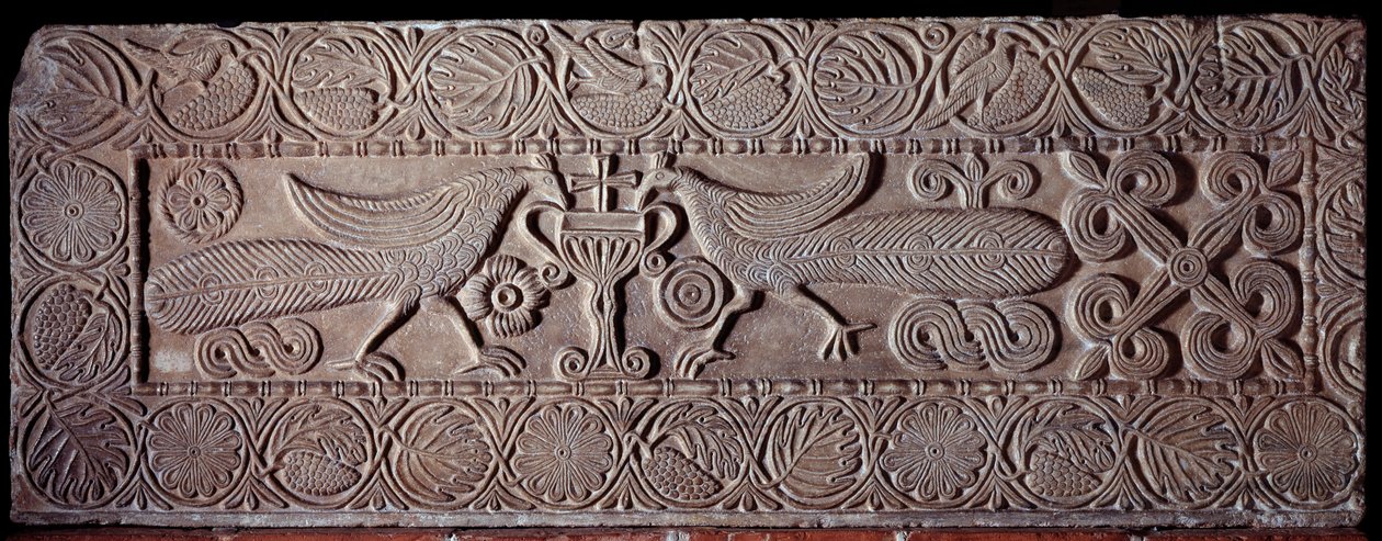 Parapet of stone covered with low reliefs representing peacocks, From ...