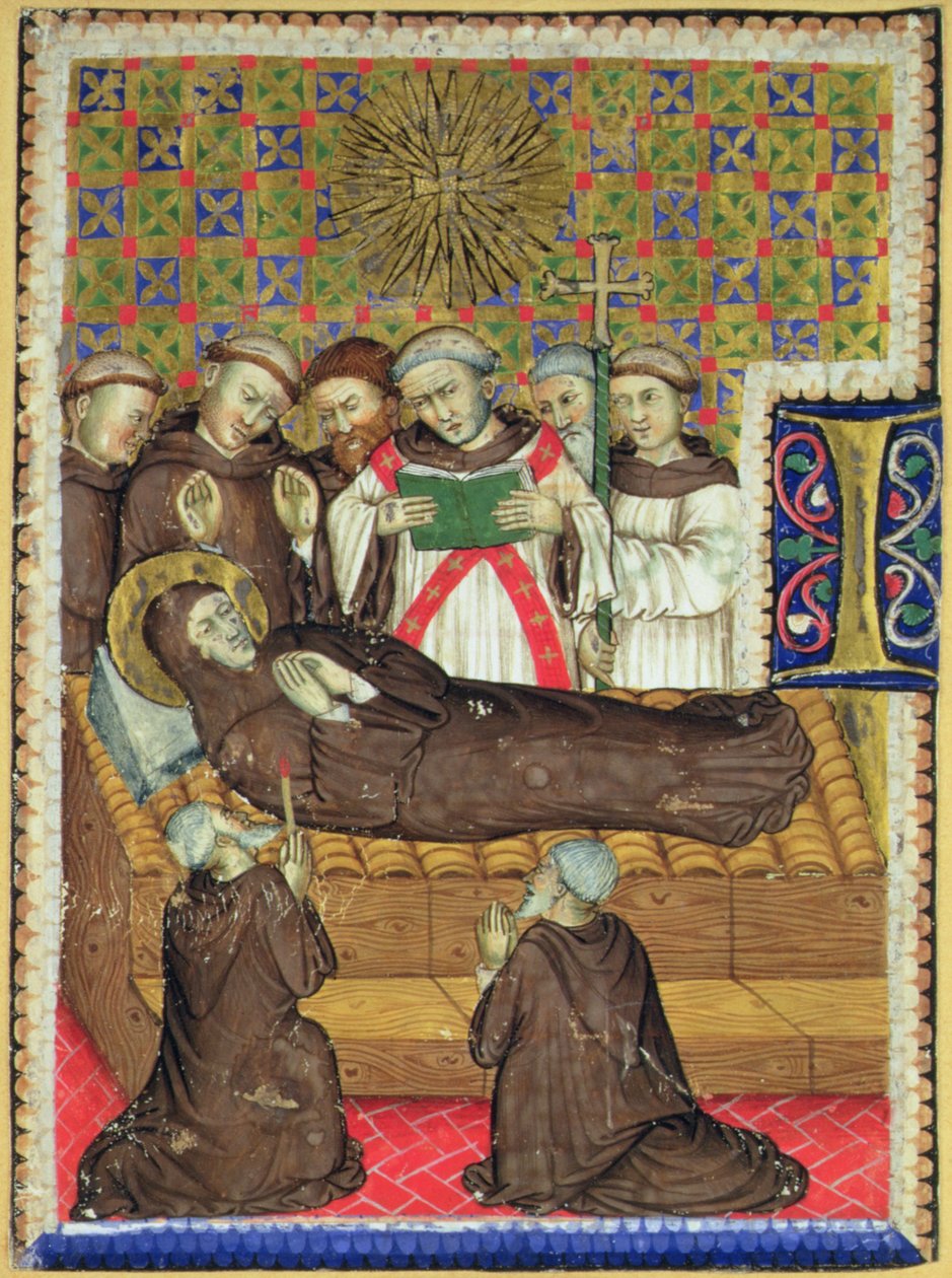 Historiated Initial B Depicting a Franciscan Saint on His Death Bed
