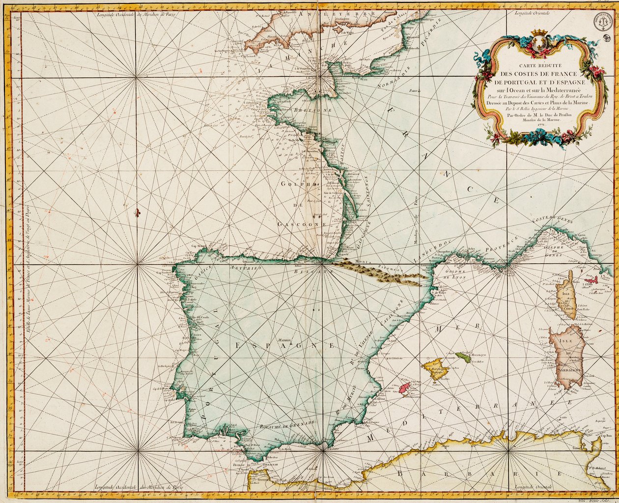 Chart of western Europe showing Paris meridian as the Prime
