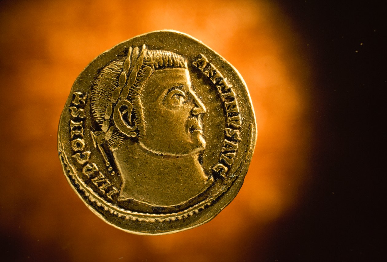 A Roman coin shows a profile portrait of Constantine the Great