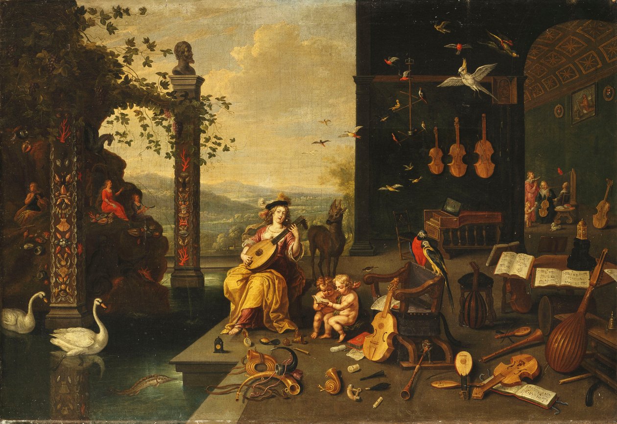 A Personification of Music: A Young Woman Playing a Lute on a Terrace ...