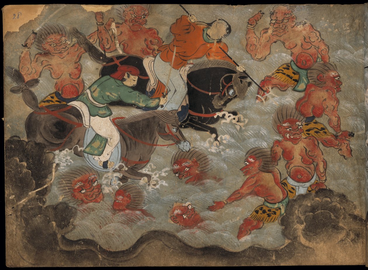 Mounted soldiers fighting demons, illustration from the 'Taishokkan'