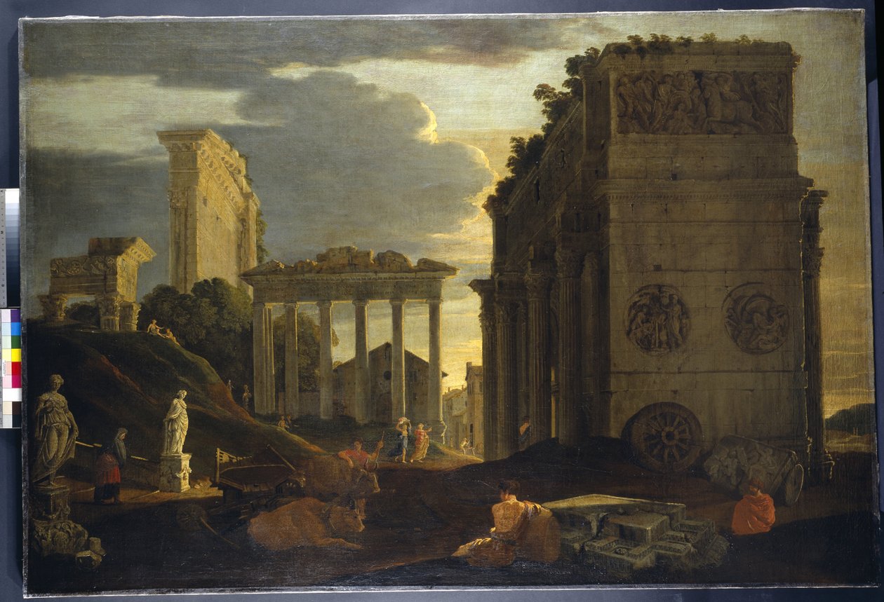 Capriccio view with figures by a triumphal arch and the Temples of ...