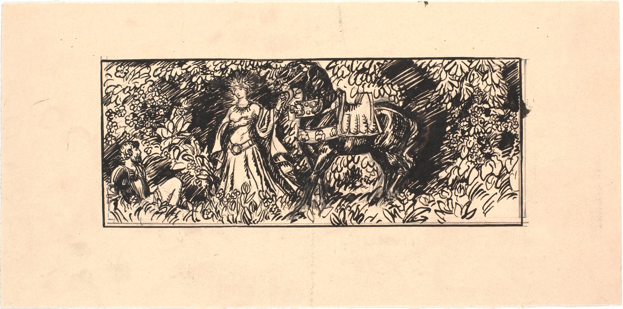 Princess Leading a Black Horse to a Seated Knight in the Forest