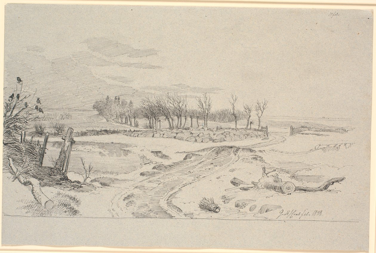 Winter Landscape with a Road Winding Across Fields Through a Stone Fence