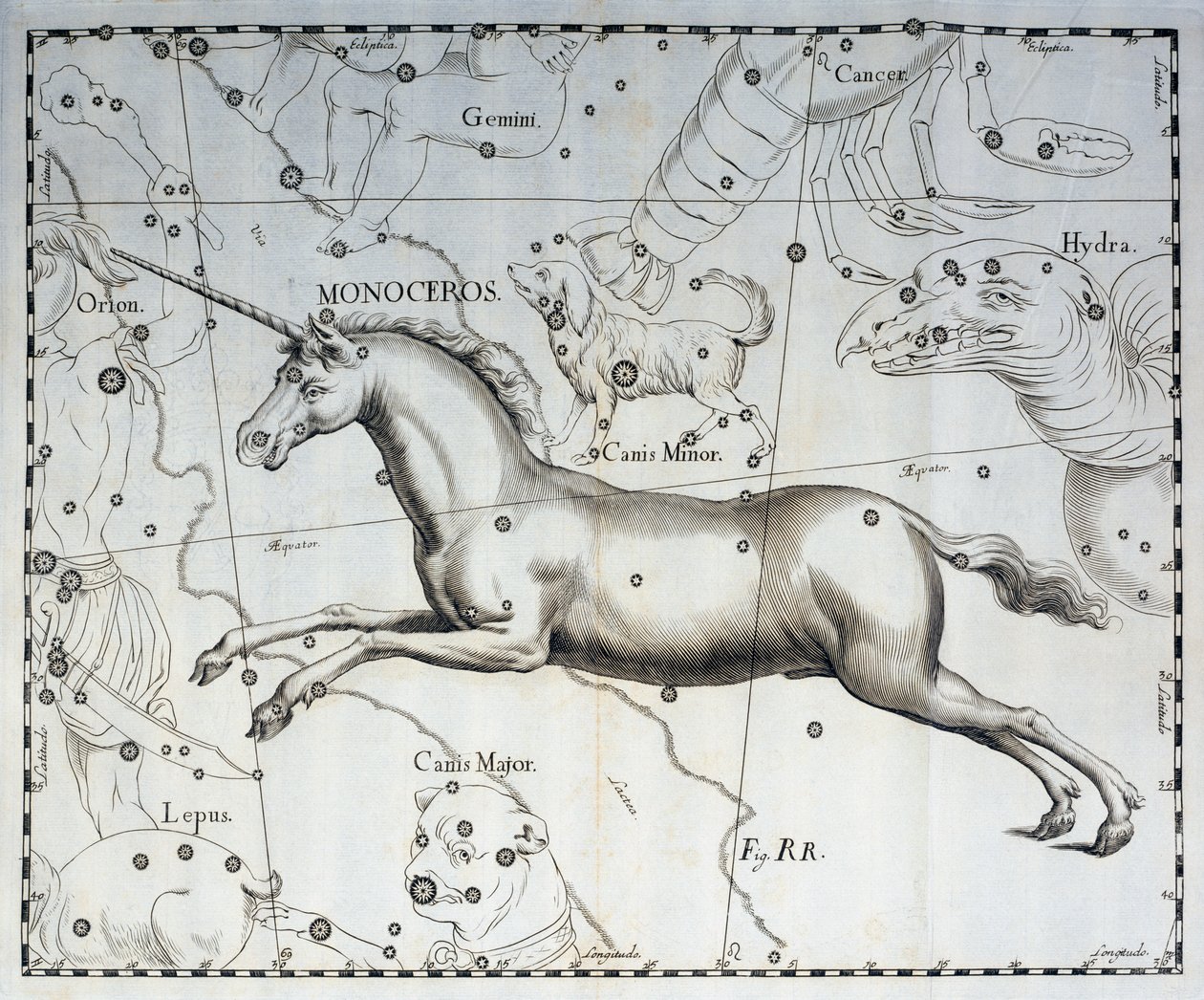 Monoceros, Constellation of Unicorn, Engraving from the Celestial Atlas ...