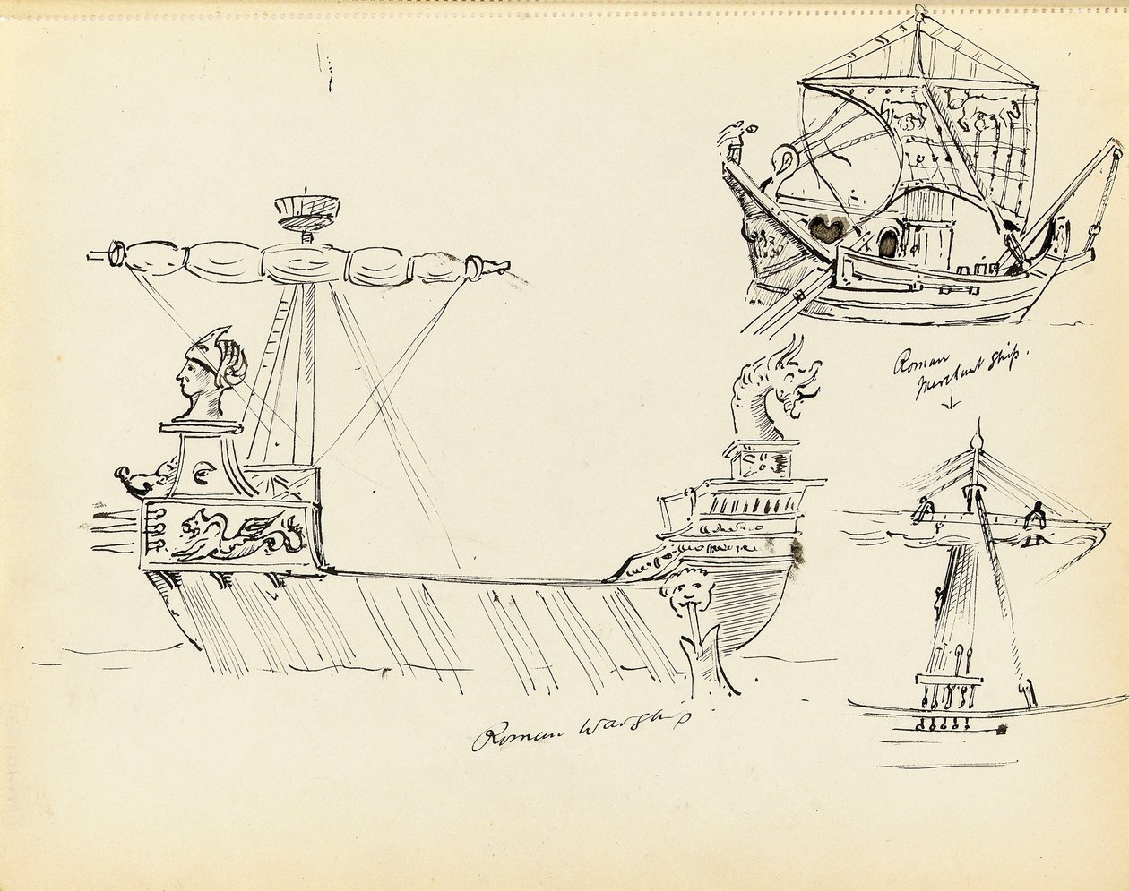 Sketch of a Roman warship, part of a Roman merchant ship and a vessel ...