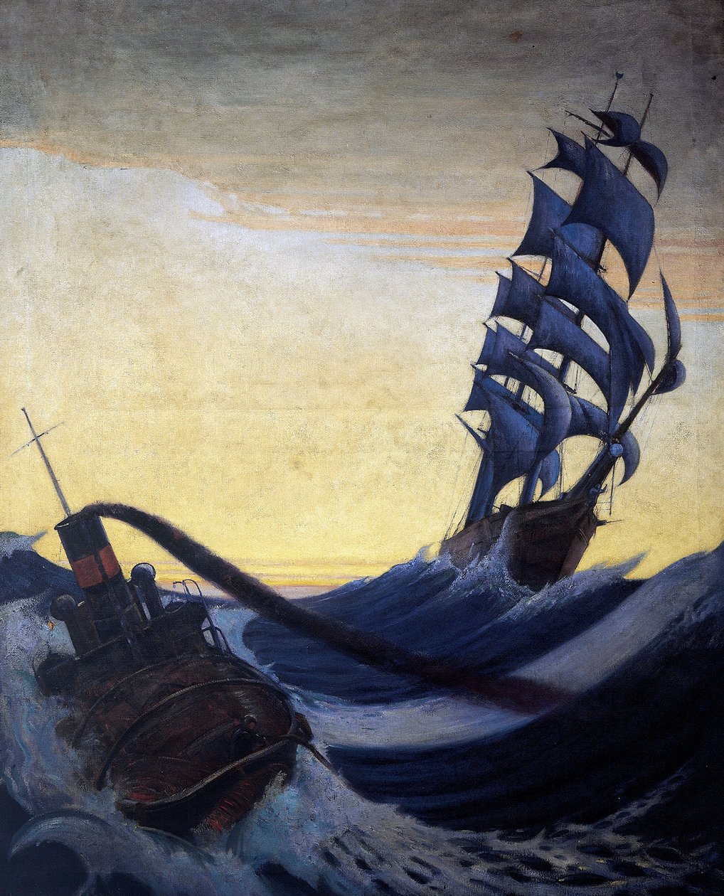 The sailboat 'Cutty Sark' has full sail on the crest of the waves and a ...