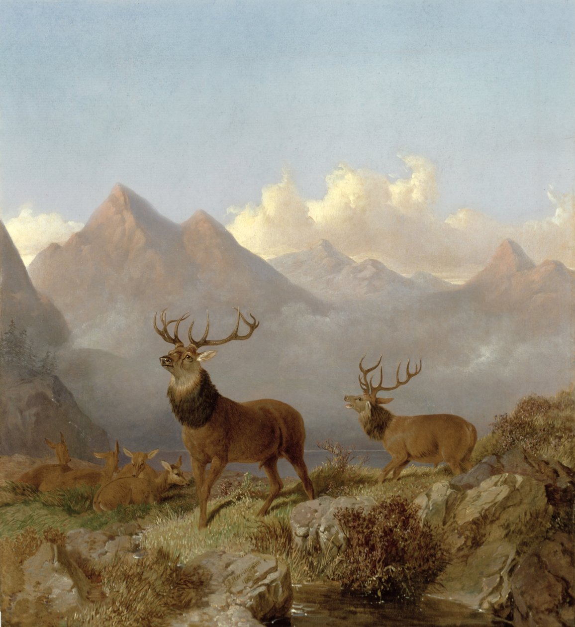 Stags and Hinds in a Highland Landscape (Detail)