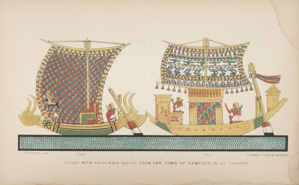 Boats with coloured sails, from the Tomb of Remeses III at Thebes ...
