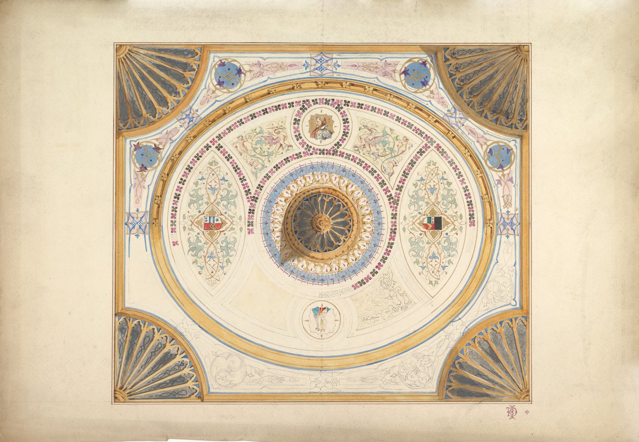 Design for Ceiling with Two Portraits and Fan Supports at Corners, 19th ...