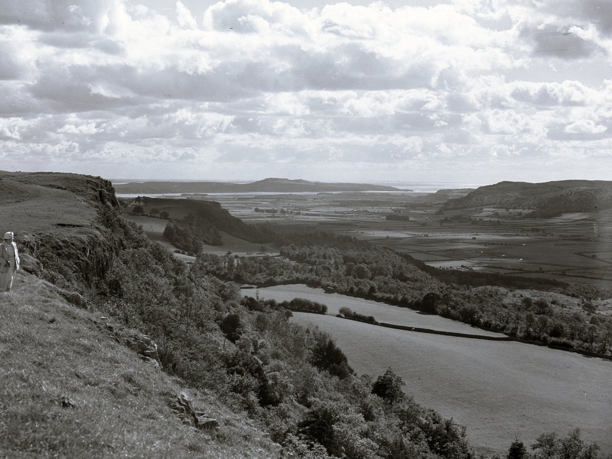 A lady on a hillside looking across the landscape at Scout Scar