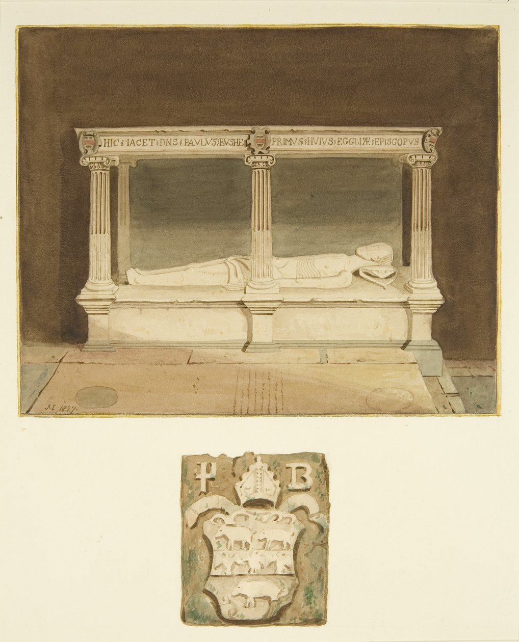 Tomb of Bishop Paul Bush and coat of arms in Bristol Cathedral