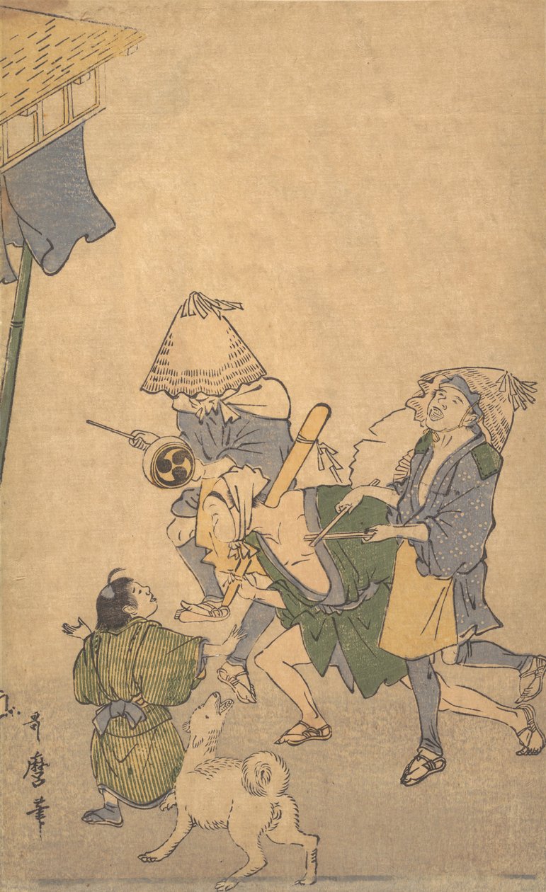 Three Revelers of the Lower Classes, Wearing Komuso Hats..., late 18th ...