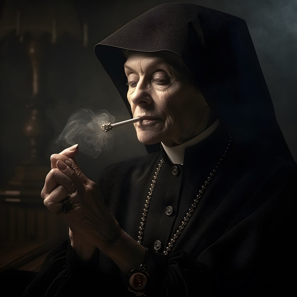 Nun with Diamond Necklace Smoking a Cigar 4 by Kurt Heppke