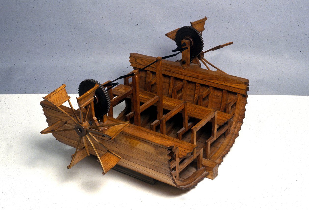 Wheeled propulsion boat. Model from the drawing of Leonardo da Vinci ...