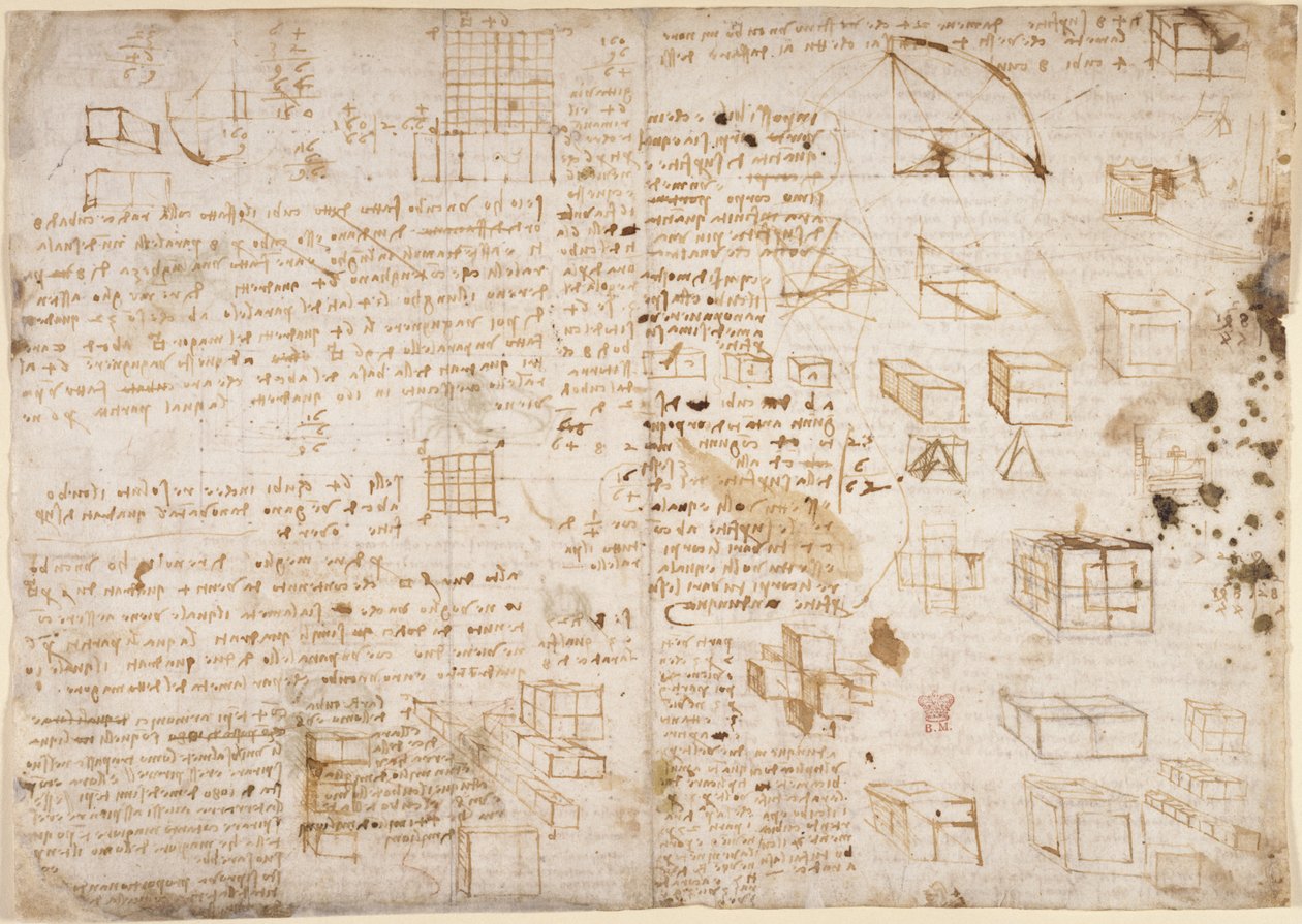 Notes and diagrams from 'Codex Arundel' by Leonardo da Vinci