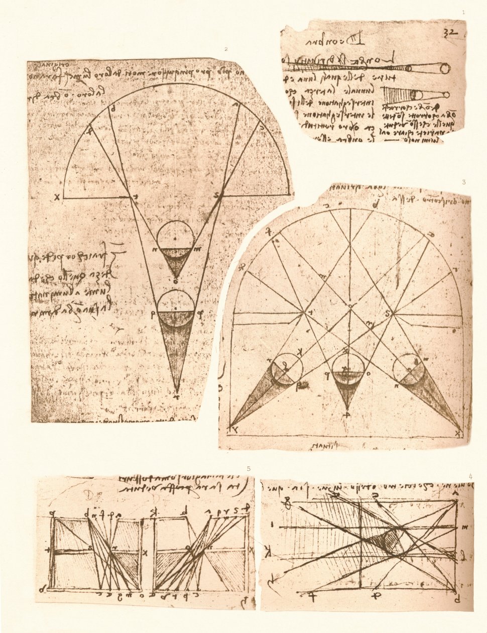 Five diagrams illustrating the theory of light and shade