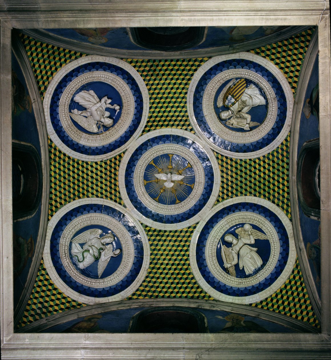 View of the ceiling with roundels representing the Holy Spirit and the ...
