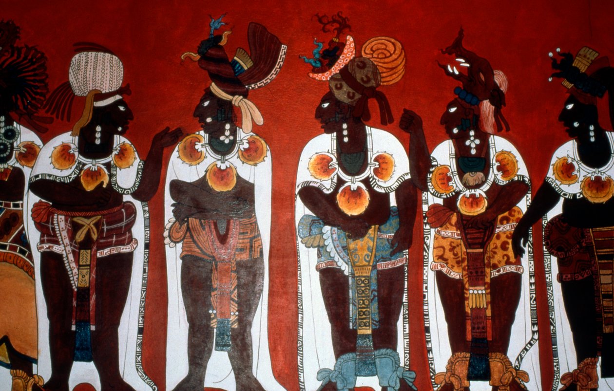 Reproduction of a mural showing noble men dressed for a ceremony, from ...