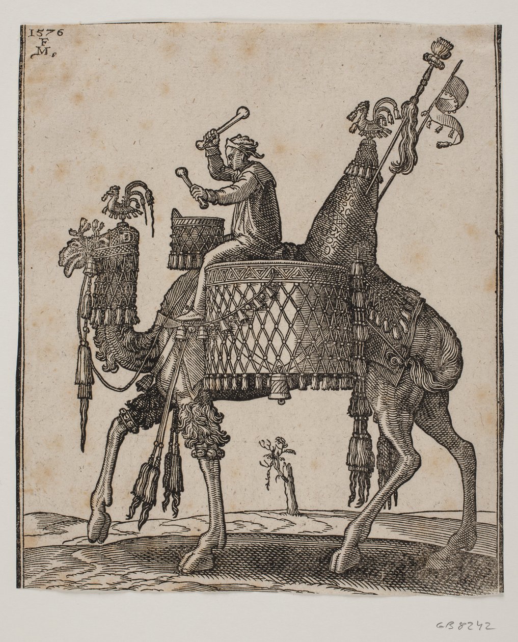 A Magnificently Equipped Dromedary with a Timpanist as Rider