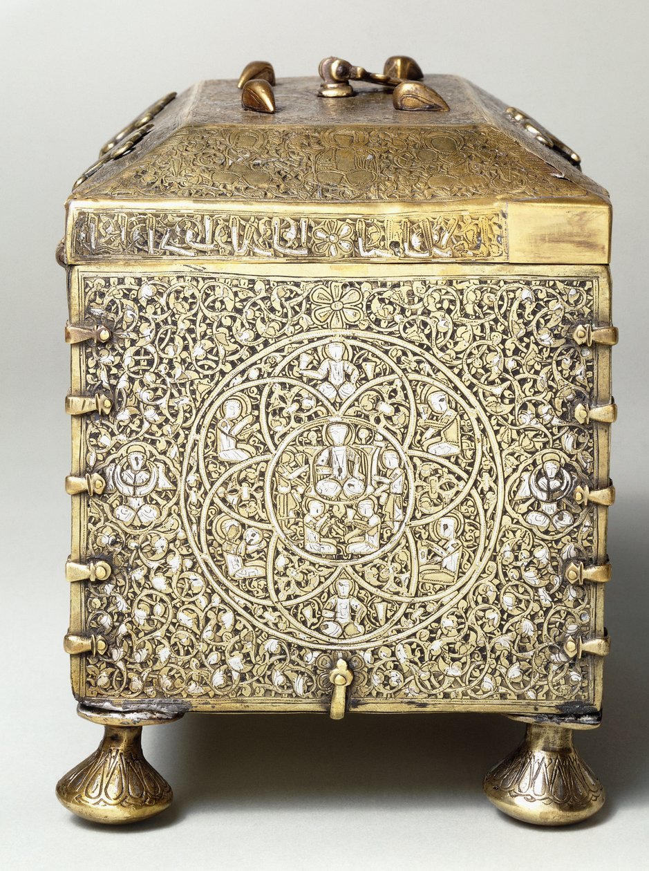 A Mesopotamian silver inlaid brass casket with dials for a combination ...