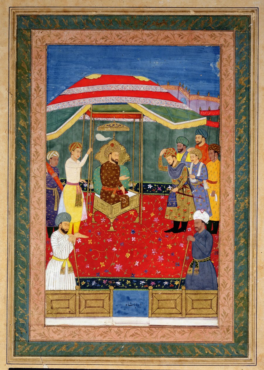 The Mughal Emperor Babur (1526-30) sitting on a throne receiving a ...