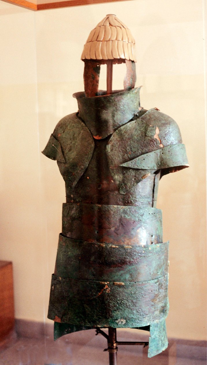 Cuirass and Boar's Tusk Helmet by Mycenaean: Fine art print